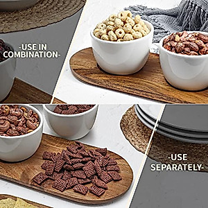 Wareland Chip and Dip Serving Set with Acacia Wooden Tray, 12oz White Glazed Ceramic Dipping Bowls, Serving Dishes for Entertaining, Small Serving Bowls for Side Dishes, Salsa, Appetizers, Condiments