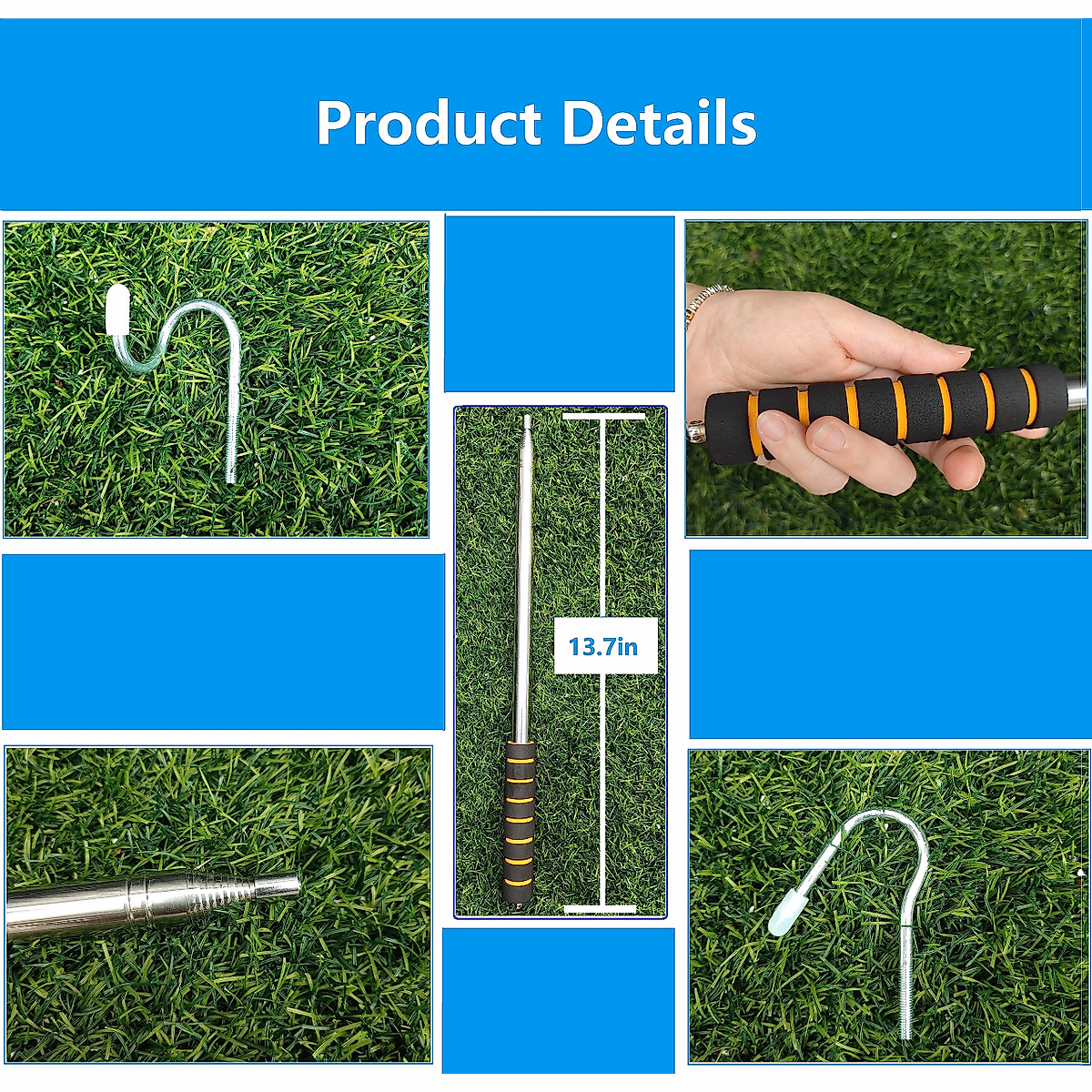 Bytcew Pickup Tool Telescopic Push/Pull Pole with Two Hooks Extends to 9.8 Feet(3M),Wire Reacher Disc Golf Grabber Rod