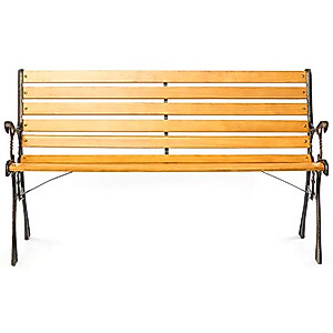 Gardenised Wooden Outdoor Park Patio Garden Yard Bench with Designed Steel Armrest and Legs, Black