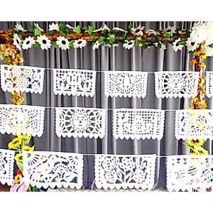 White Papel Picado Banner - Plastic Papel Picado Banner, garland, bunting, streamers - Fiesta Decorations - Mexican white Decorations for mothers day, bridal shower, weddings 5 pack/60 feet