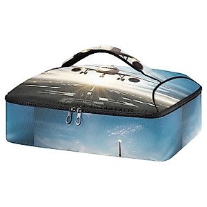 White Aircraft Take Off Runway in Daylight Sunrise Reusable Insulated Pizza Bag, Waterproof Food Delivery Bag, with Handle Lid Leakproof Pizza Holder Tote for Hot or Cold Food
