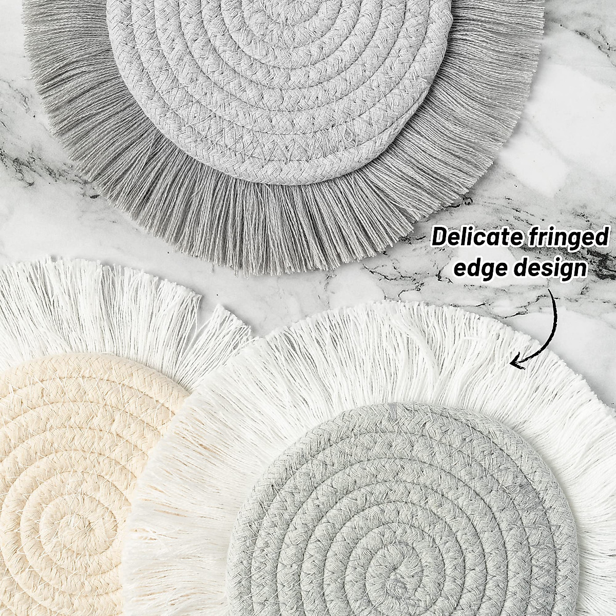 GROBRO7 4Pcs Cotton Trivets Pot Holders for Kitchen Heat Resistant Hot Mats with Tassel Hand Woven Potholder Rustic Boho Style Farmhouse Home Decor Washable Hot Pads for Baking and Cooking 7.7 in Gray