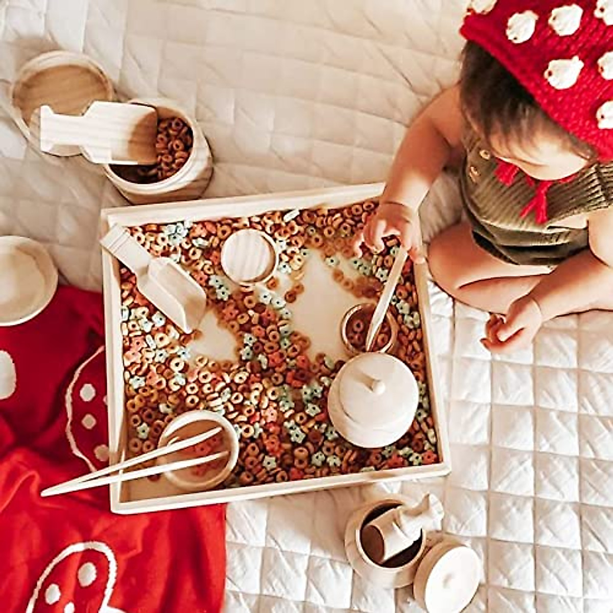 Sensory Bin Tools with Wooden Box, Montessori Toys for Toddlers, Sensory Toys, Set of 12 Wooden Scoops and Wooden Tongs for Transfer Work and Fine Motor Learning, Motor Skills Development