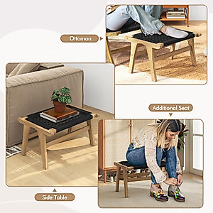 Tangkula Teak Ottoman Footstool, Natural Teak Wood Foot Rest with Handwoven Cordage for Patio, Porch, Balcony, Lawn, Garden, Backyard, Poolside & Deck,Indoor and Outdoor, 14" H (1)