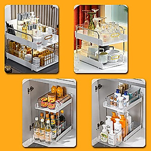 Pull Out Under Sink Organizer 2 Tier Multi Purpose Sink Organizers Storage for Bathroom Kitchen Sink Storage Organizer Sliding Cabinet Organizer,White,L