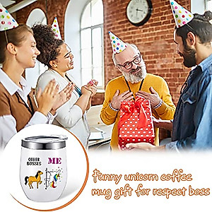 Geiserailie Christmas Funny Boss Gifts Unicorn Coffee Mug Novelty Boss Gift Idea for Bosses Day Birthday Christmas Office Decorations 12 oz Stainless Steel Wine Tumbler with Lid Brush (White)