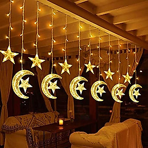 Janchs Solar String Lights Outdoor Ramadan Eid Decorations, 8 Modes Waterproof 138LED Solar Powered Star Moon Curtain Lights Window Fairy Lights for Backyard Garden Patio Home Christmas Ramadan Decor
