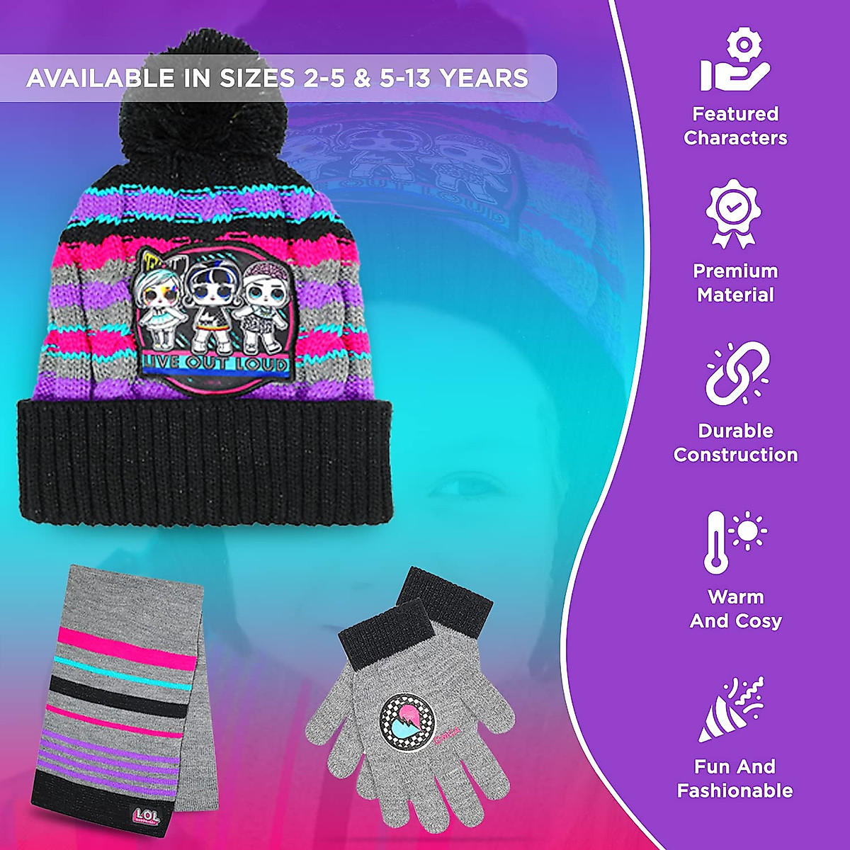 L.O.L Surprise! Girls and Toddler Winter Hat and Glove Set, Kids Winter Hat with Scarf and Toddler Hat and Glove Set