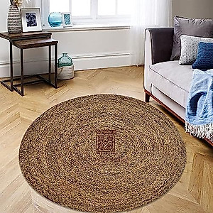 Durrie India 4 Ft. Natural Oak Brown Water Hyacinth Area Rug Round Braided Rustic Rug - Vintage Woven Rug - Water Hyacinth Rugs for Bedroom, Kitchen, Living Room, Farmhouse (4 Ft Round)