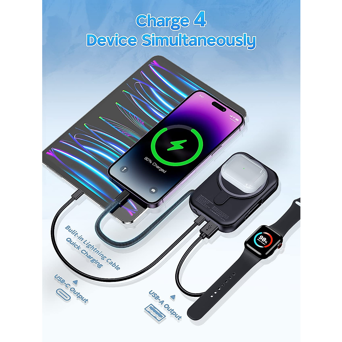Ceftydy Magnetic Wireless Portable Charger, 10000mAh Battery Pack with USB-C Cable & LED Display, Built-in Lightning Cable, Magnetic Power Bank 20W PD Fast Charging for iPhone 15/14/13/12 Series