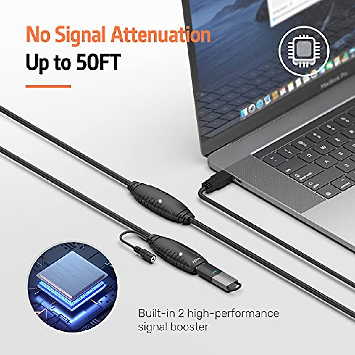Alxum USB 3.0 Extension Cable 50FT, Active USB Extension Cable Male to Female Long 15Meter, USB 3.0 Extender Cord with 2 Signal Boosters for Printer, Webcam, Xbox, Keyboard, with 5V2A Power Adapter