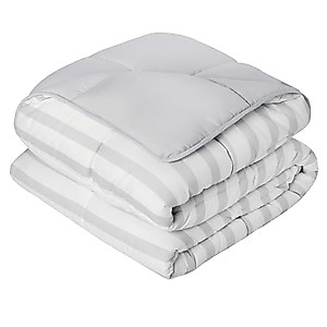 Edredón Acolchado con Plumón Alternativo para Cualquier Temporada Linenspa|Relleno de Microfibra Suave e Hipoalergénico|Gris/Blanco a Raya, Individual