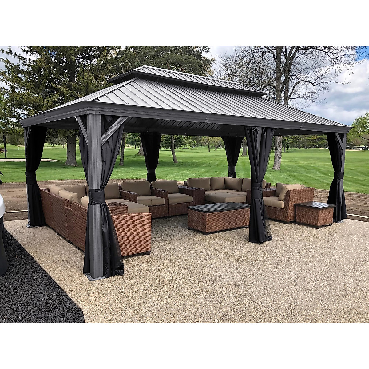 PURPLE LEAF 12' x 20' Permanent Hardtop Gazebo with Galvanized Steel Double Roof and Aluminum Frames Outdoor Large Pavilion Gazebo for Patio Deck Garden, Netting and Curtains Included, Light Grey