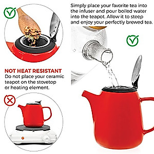 Tealyra - Daze Ceramic Teapot in Red - 27-ounce (2-3 cups) - Small Stylish Ceramic Teapot with Stainless Steel Lid and Extra-Fine Infuser To Brew Loose Leaf Tea