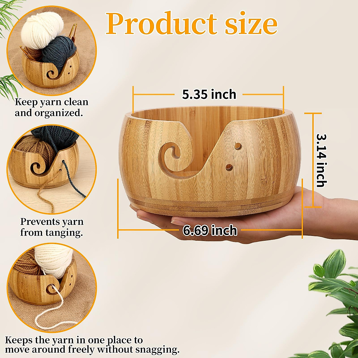 Yarn Bowl Holder, Wooden Craft Knitting Bowl for Crochet with 8pcs Metal Hooks, 6.7"Crochet Storage Organizer Knitting Accessories (bamboo)