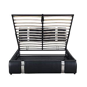 Metal Queen Bed Frame Queen Size Upholstered Faux Leather Platform Bed with a Hydraulic Storage System, Black