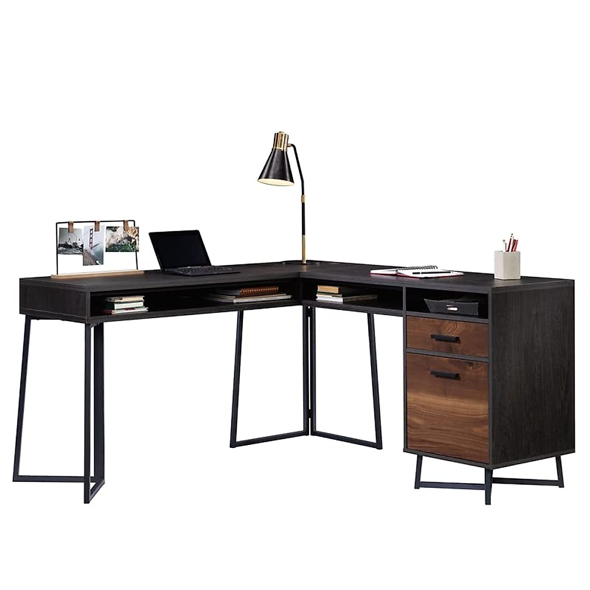 Sauder Canton Lane Engineered Wood and Metal L-Desk in Brew Oak