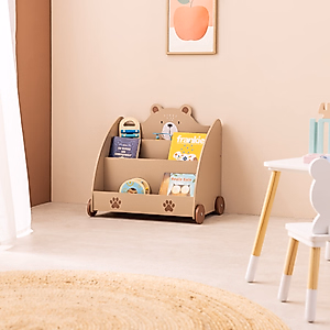 Navaris Kids Bookcase - Childrens Bookshelf with Wheels and 3 Book Storage Shelves - Childs Bookshelves for Bedroom or Play Room - Brown Bear Design