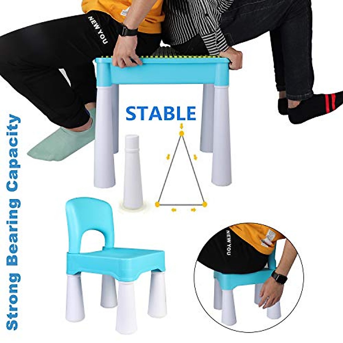 burgkidz Kids 5-in-1 Multi Activity Table Set - Building Block Table with Storage - Play Table Includes 1 Chair and 130 Pieces Compatible Large Bricks Building Blocks for Ages 2 and Up (Blue)