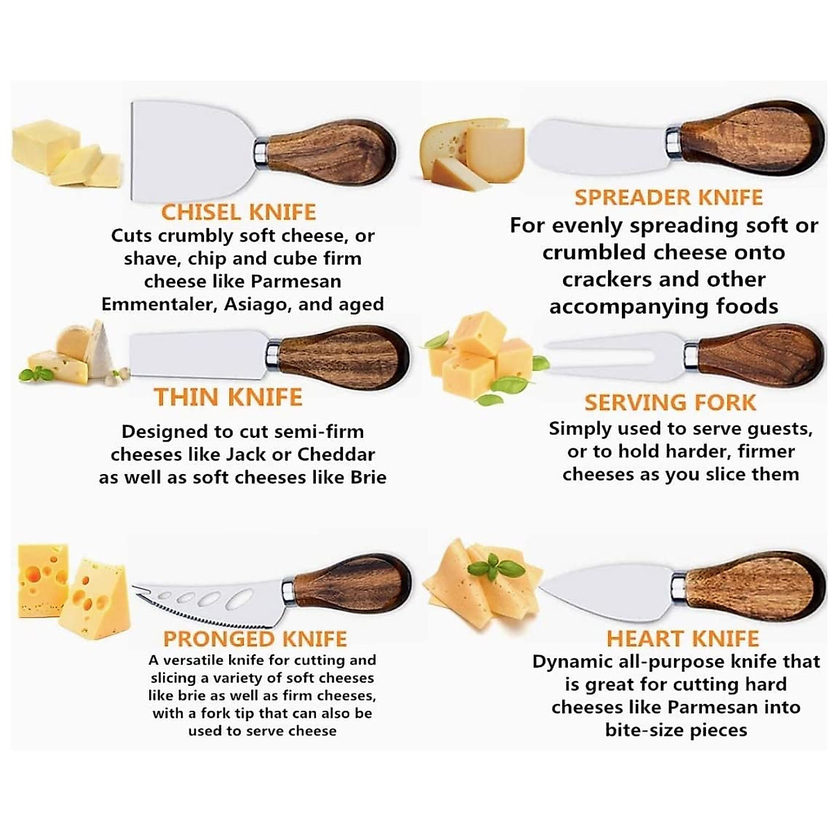 Makenna Premium Specialty Cheese Knife Set — Custom Storage Case Gift Box, Wide Solid Wood Handle, Stainless Steel Blade, Spreader, Slicer, Fork, 6 Pc Knives, Spatula for Charcuterie Board