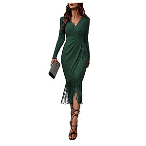 WDIRARA Women's Fringe Wrap Ruched V Neck Long Sleeve Solid Bodycon Party Maxi Dress Dark Green XL