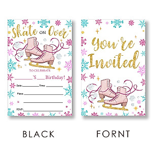 EUDOSI Ice Skating Birthday Party Invitations Supplies Fill-In Set of 20with Envelopes Skating Birthday Bash Invites Cards, Double Sided