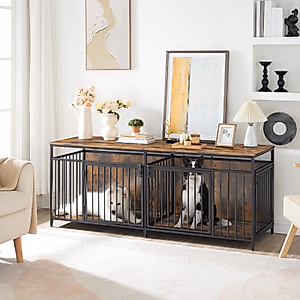 HOOBRO Dog Crate Furniture, 62.9" Dog Kennel Indoor End Table with Removable Divider, Three Doors Wooden Cage for Large/Medium/Small Dog, Heavy-Duty Chew-Resistant, Rustic Brown and Black BF160GW03