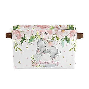 Elephant Pink Floral Personalized Storage Bins Basket Cubic Organizer with Durable Handle for Shelves Wardrobe Nursery Toy 2 Pack
