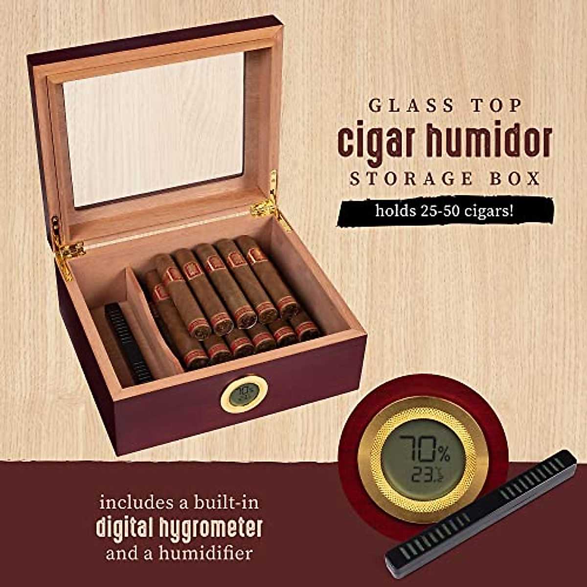 Mantello Humidor Cigar Box, Royal Glass-Top Cigar Humidors- Gifts for Men - Cigar Humidor Box for 25-50 Cigars with Digital Hygrometer & Divider - Spanish Cedar Wood Interior, Rich Cherry Finish
