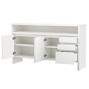 Modern Sideboard Buffet Server Storage Cabinet, Cupboard Console Table with Double-Storey Tabletop Wood Buffet Cabinet with Two Cabinets and Three Drawers for Living Room Kitchen Dining Room, White