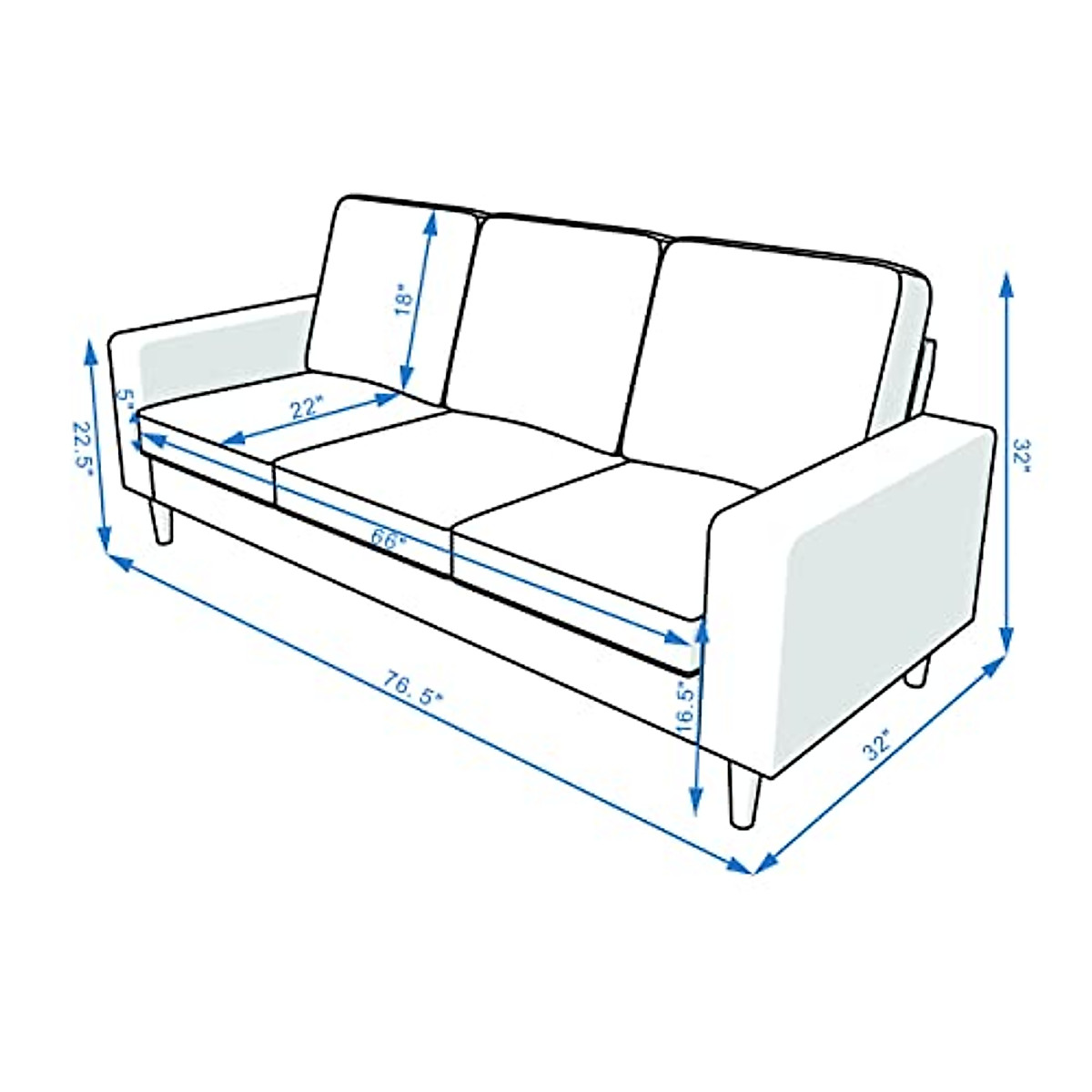 Panana Upholstered Modern Sofa Couch for Living Room, Grey Linen Fabric with 2 Small Pillows and Wooden Legs, 3 Seater Sofa Couches for Small Spaces, Bedroom, Apartment (Grey, 3 Seater)