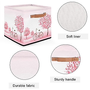 13x13x13 Storage Cube Bins Pink Bike Hearts Tree Fabric Storage Cubes 13 inch Collapsible Storage Bins Valentine's day Cubby Storage Baskets for Organizing Shelf Cabinet Bookcase Boxes