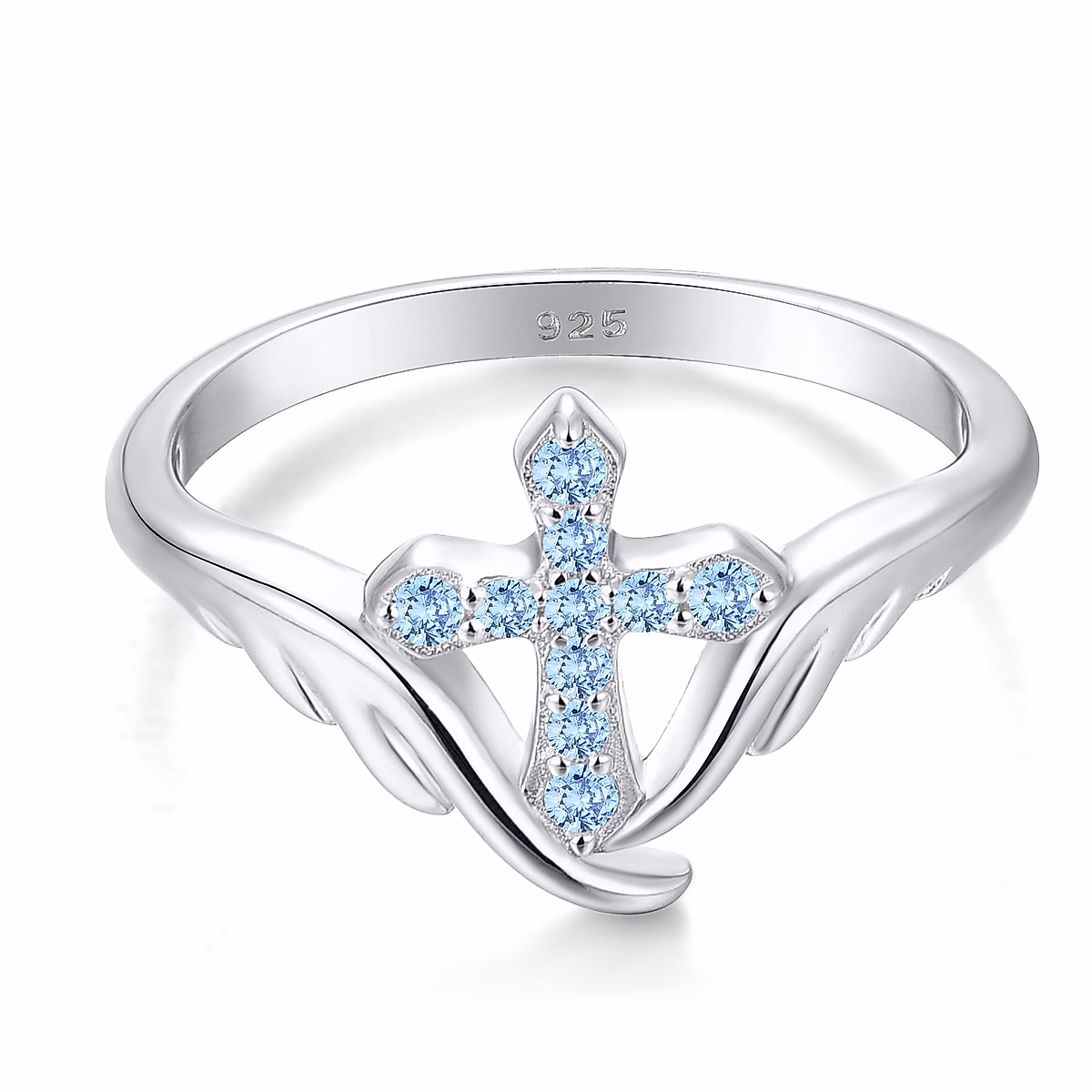 STARCHENIE Cross Ring 925 Sterling Silver Angel Wings Ring for Women March Aquamarine Size7