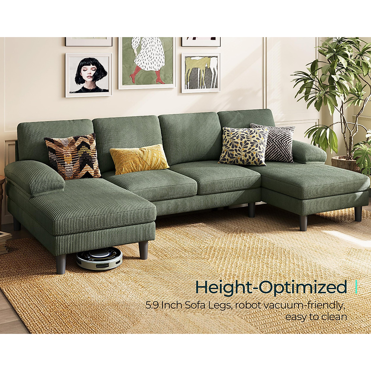 LINSY HOME U Sectional Couch, 111'' W Corduroy Sofa with Sleepable Armrests, 4 Seat Couch with Double Chaises, Deep Sofa for Living Room, Army Green