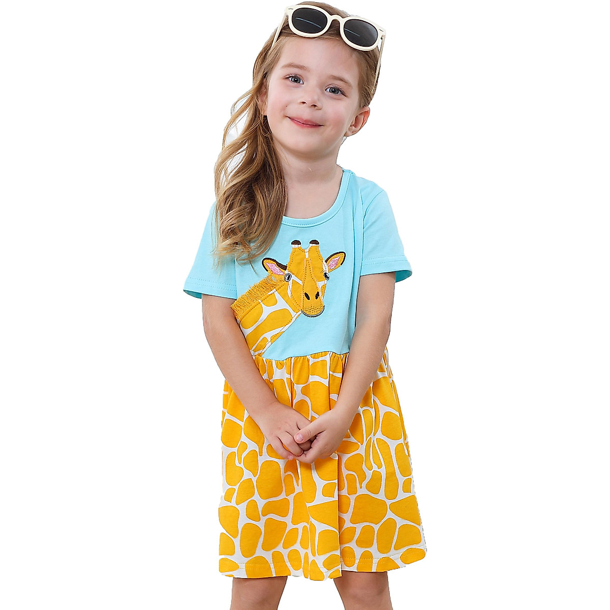 RETSUGO Little Girls A-Line Dress Kids Cute Giraffe Short Sleeve Summer Sundress Toddler Girl Casual Cotton Outfits for Party 1-8 Years Giraffe-1056-6T