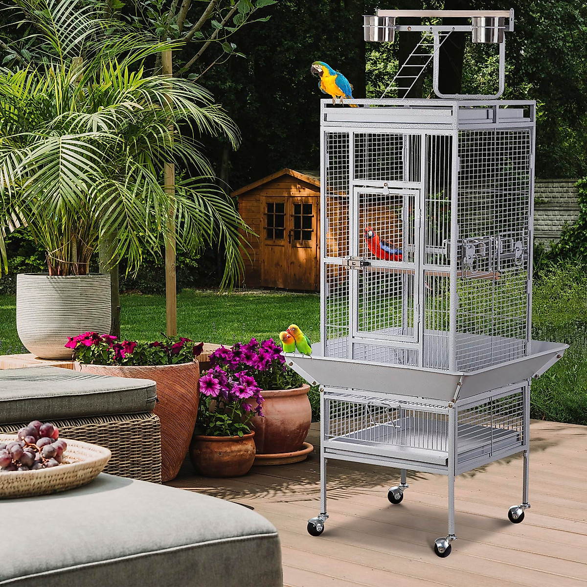 SUPER DEAL PRO 61-inch 2in1 Large Bird Cage with Rolling Stand Playtop Parrot Chinchilla Finch Cage Macaw Conure Cockatiel Cockatoo Pet House Wrought Iron Birdcage, White