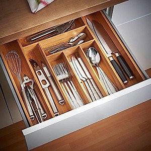 Beolee.Dan Bamboo Adjustable Cutlery Tray,Kitchen Drawer Organizer-Wood Drawer Dividers Organizer for Silverware,Flatware, Knives in Kitchen, Bedroom, Living Room(8 main compartments