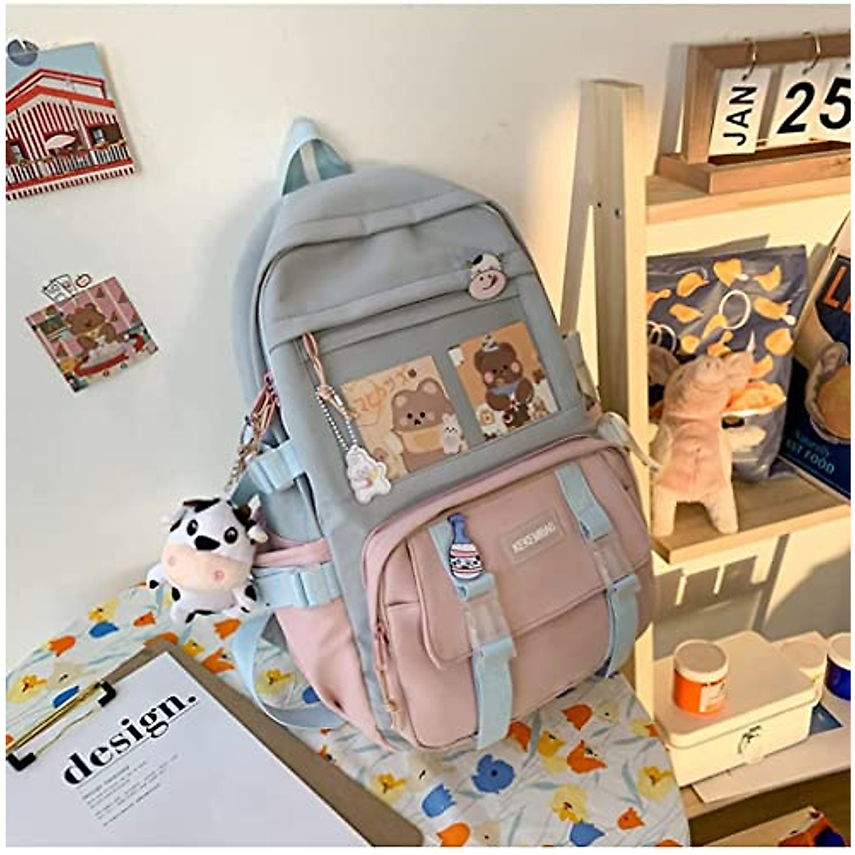 LIEEI Kawaii Backpack with Cute Pins and Plush Pendant for Teen Girls School Large Capacity Waterproof School Bag Bookbag