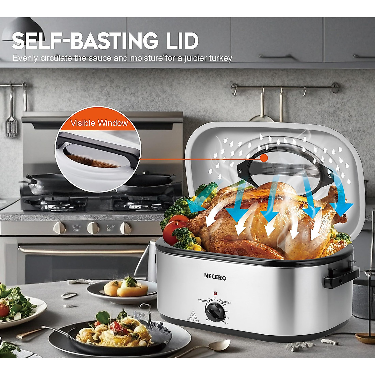 NECERO Roaster Oven,26Qt Electric Roaster Oven with Self-Basting Lid, Removable Pan, Cool-Touch Handles, 1450W Stainless Steel Roaster Oven, Silver