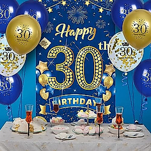 30th Birthday Party Decorations for Men Navy Blue Gold Happy 30th Birthday Banner with 18pcs 30th Balloons 30th Door Cover Backdrop for Men Women Birthday Anniversary Party Sign Porch Decor Supplies