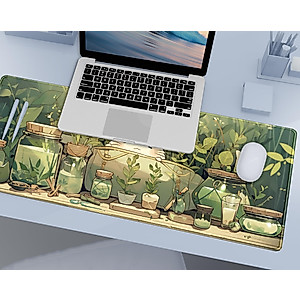 Cute Kawaii White Cat Anime Green Plant Leaves Desk Mat Large Mouse Pad Gaming Desk Pad, XL Extended Mousepad Desk Accessories for Women Office Decor Long Laptop Keyboard Mouse Mat 31.5x11.8 in