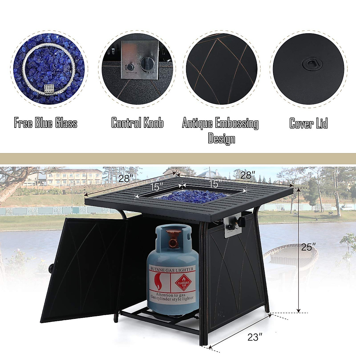 MFSTUDIO 28 Inch Propane Gas Fire Pit Table & Wicker Chairs Furniture Set with Blue Fire Glass, Multi-Function Outdoor Patio Conversation Set, 50,000 BTU, CSA Certification