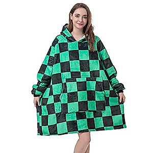 ARTHMOM Comfy Wearable Blanket Hoodie for Women Men Adult, Oversized Sherpa Fuzzy Fleece Sweatershirt Blanket with Giant hood and Pocket, One Size Fits All (Plaid-Green)