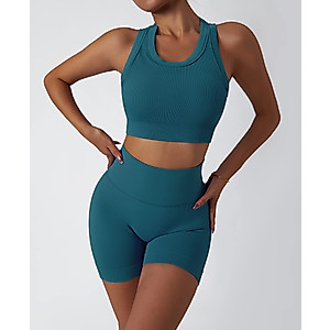 ABOCIW Women 2 Piece Seamless Gym Workout Sets Ribbed High Waist Biker Shorts with Racerback Sports Bra Yoga Crop Tank Top Yoga Exercise Outfit Teal Large