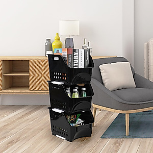 Ziglous 3 Packs Plastic Stacking Storage Baskets, Plastic Stackable Organizer Bins, Black