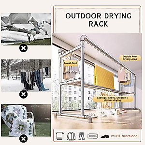WPPTNSFY Clothing Hanger for Laundry, Clothes Drying Rack 160/200cm Indoor Outdoor, Heavy Duty Adjustable Clothes Airers, Clothes Drying Rack with 2 Rods, Windproof Hooks (1.6m)
