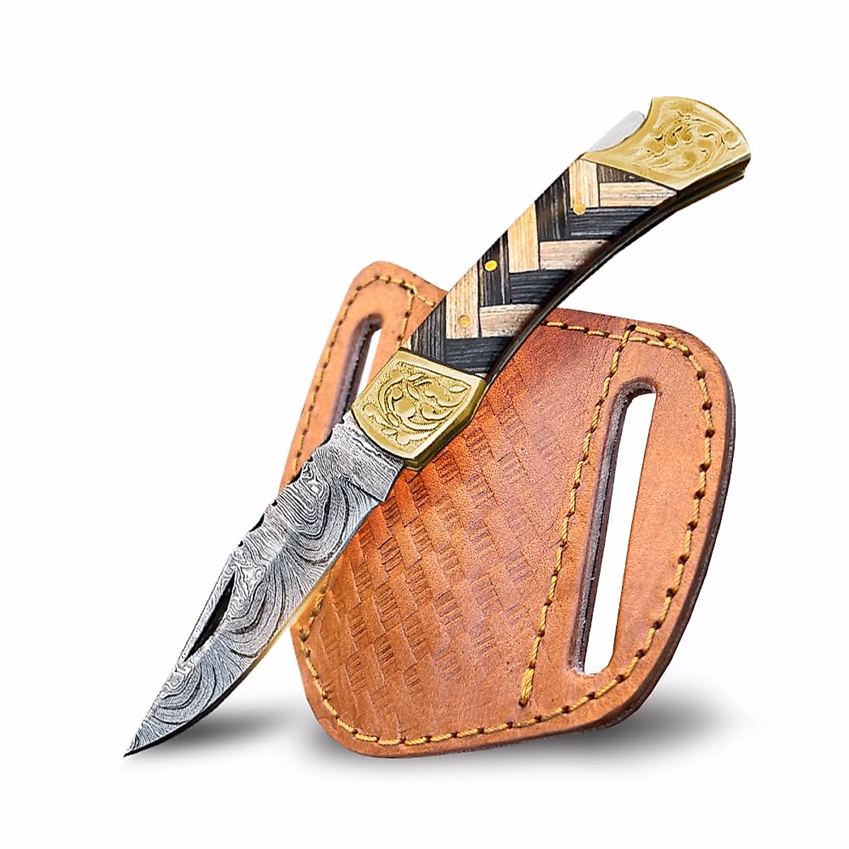 WARLOCKS CLUB Handmade Damascus Pocket Knife with Sheath, 7" Folding Hunting Knife with Wood Handle, Small Camping Knife for Outdoor