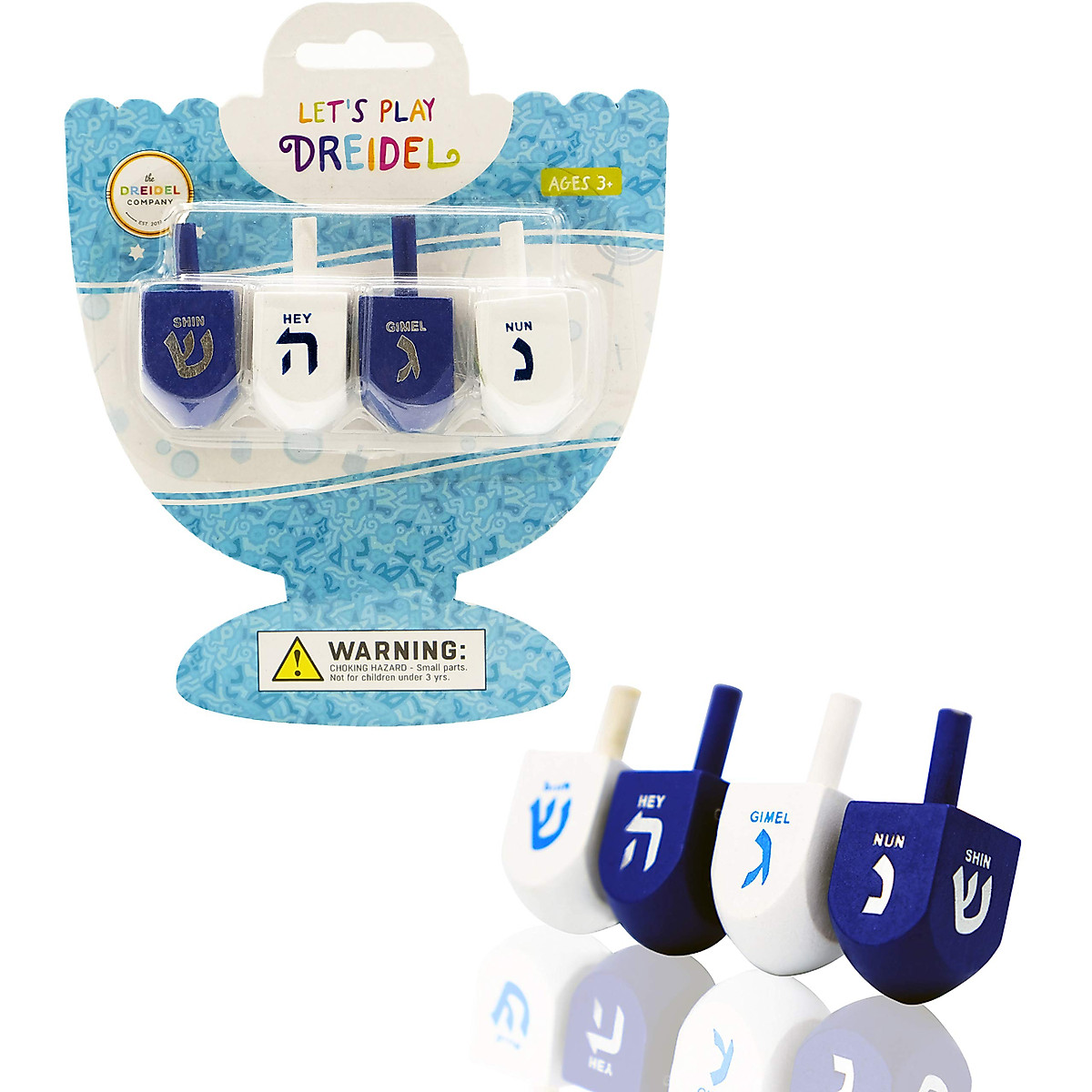 The Dreidel Company Bulk Solid Blue & White Wooden Hanukkah Dreidels, Hand Painted with English Transliteration- Includes Game Instruction Cards (4-Pack)