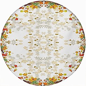 XISUNYA Thanksgiving Round Fitted Tablecloth with Elastic Edge, Fall Colors Ladybug Maple Leaf Woods Pine Nuts Berries Print XXLarge Polyester Table Cover, Fit Round Tables up 65"-71" Diameter
