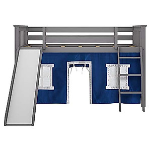 Max & Lily Low Loft Bed, Twin Bed Frame For Kids With Slide and Curtains For Bottom, Grey/Blue